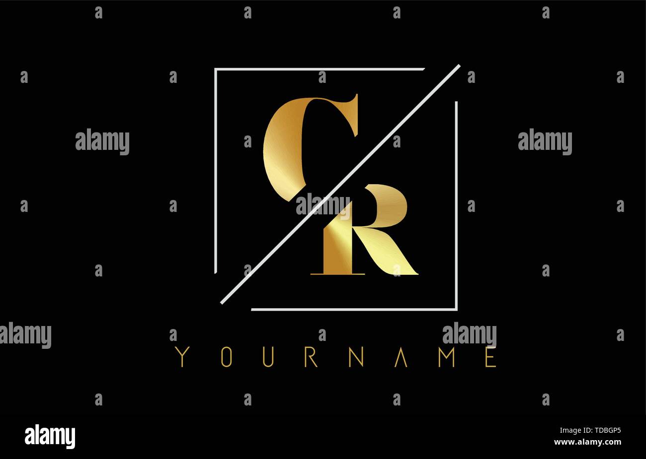 CR Golden Letter Logo with Cutted and Intersected Design and Square ...