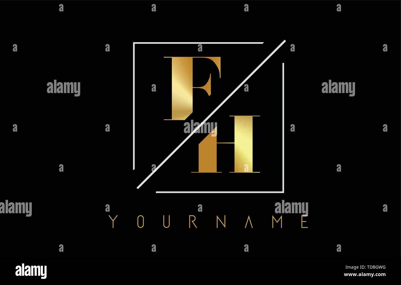 FH Golden Letter Logo with Cutted and Intersected Design and Square ...