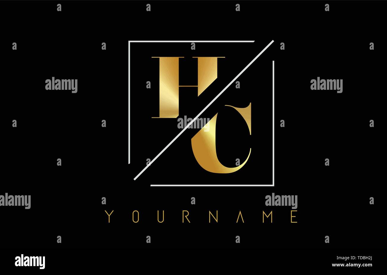 HC Golden Letter Logo with Cutted and Intersected Design and Square ...