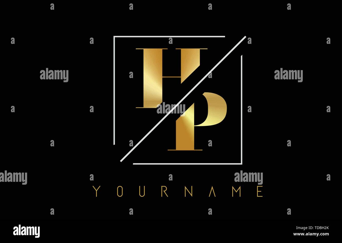 HP Golden Letter Logo with Cutted and Intersected Design and Square ...