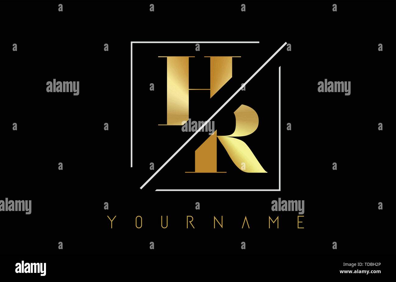 HR Golden Letter Logo with Cutted and Intersected Design and Square ...