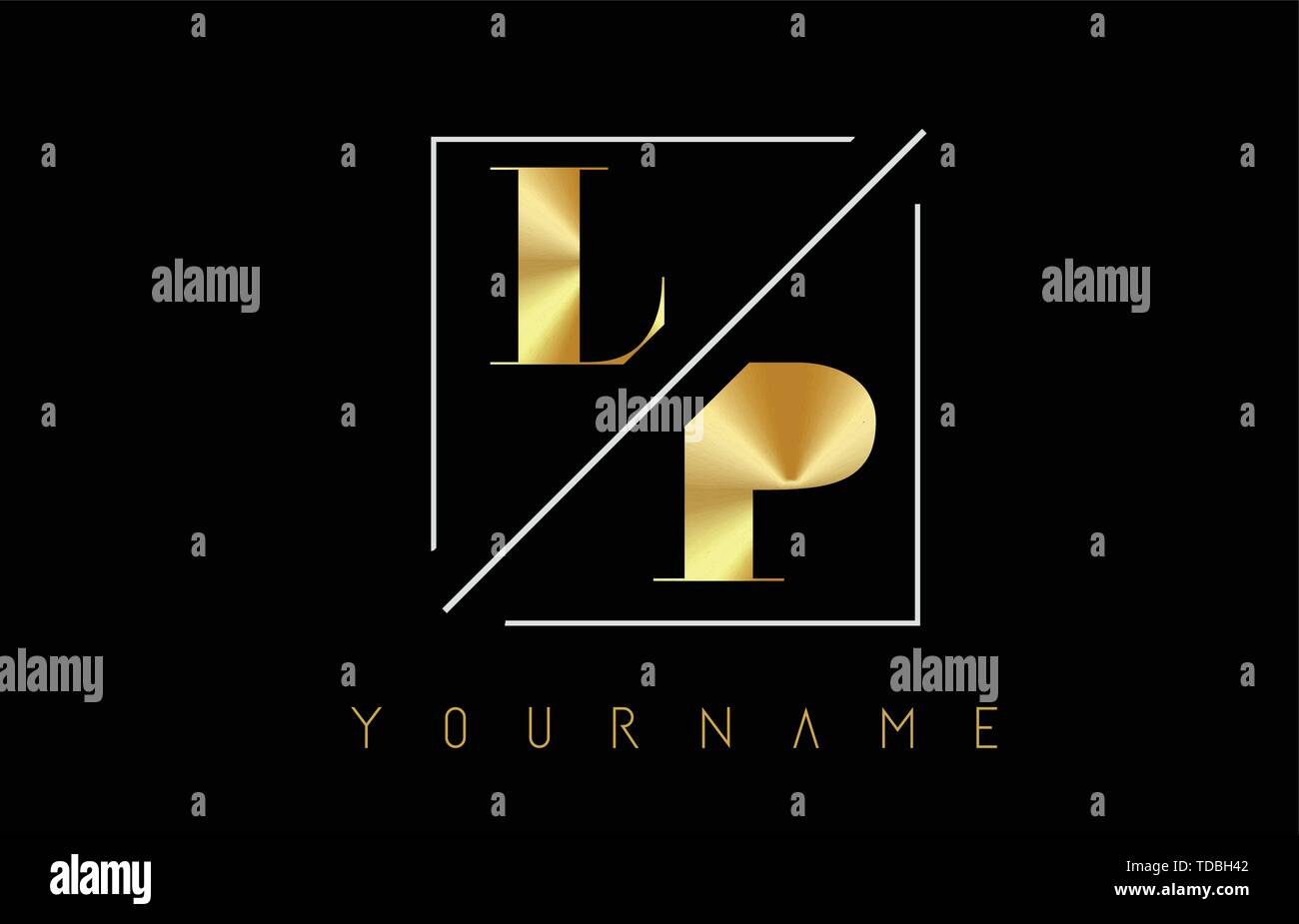 LP Golden Letter Logo with Cutted and Intersected Design and Square ...