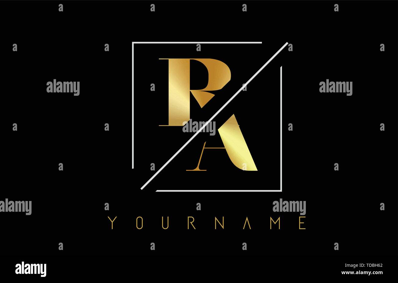 RA Golden Letter Logo with Cutted and Intersected Design and Square ...