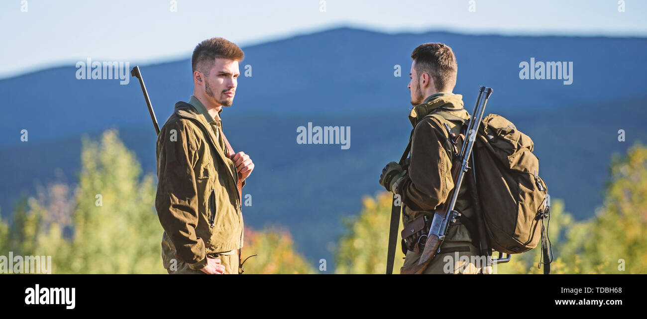 Friendship of men hunters. Military uniform fashion. Army forces ...