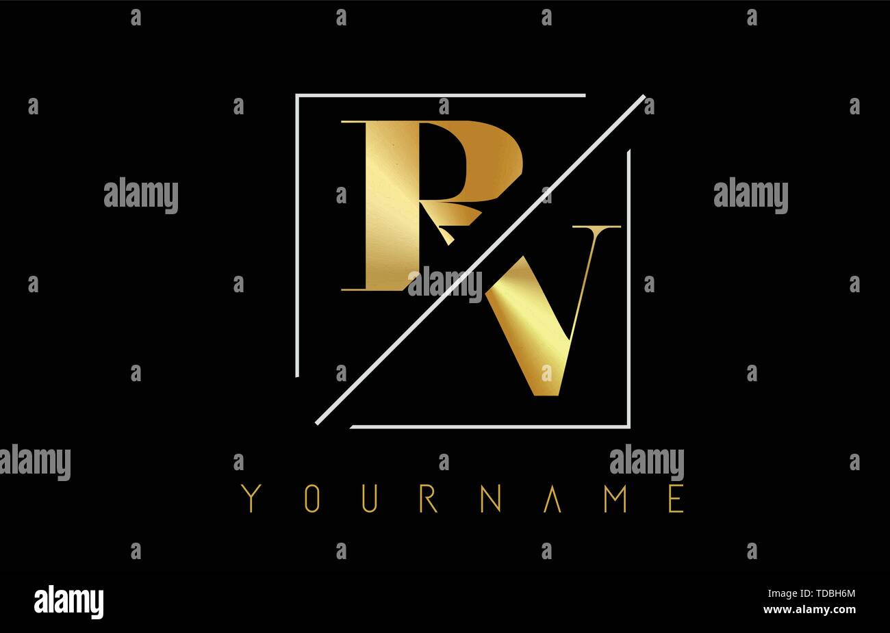 RV Golden Letter Logo with Cutted and Intersected Design and Square ...