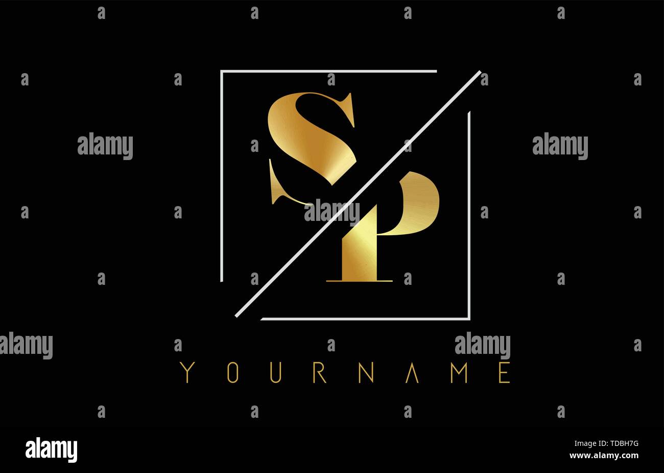 SP Golden Letter Logo with Cutted and Intersected Design and Square ...