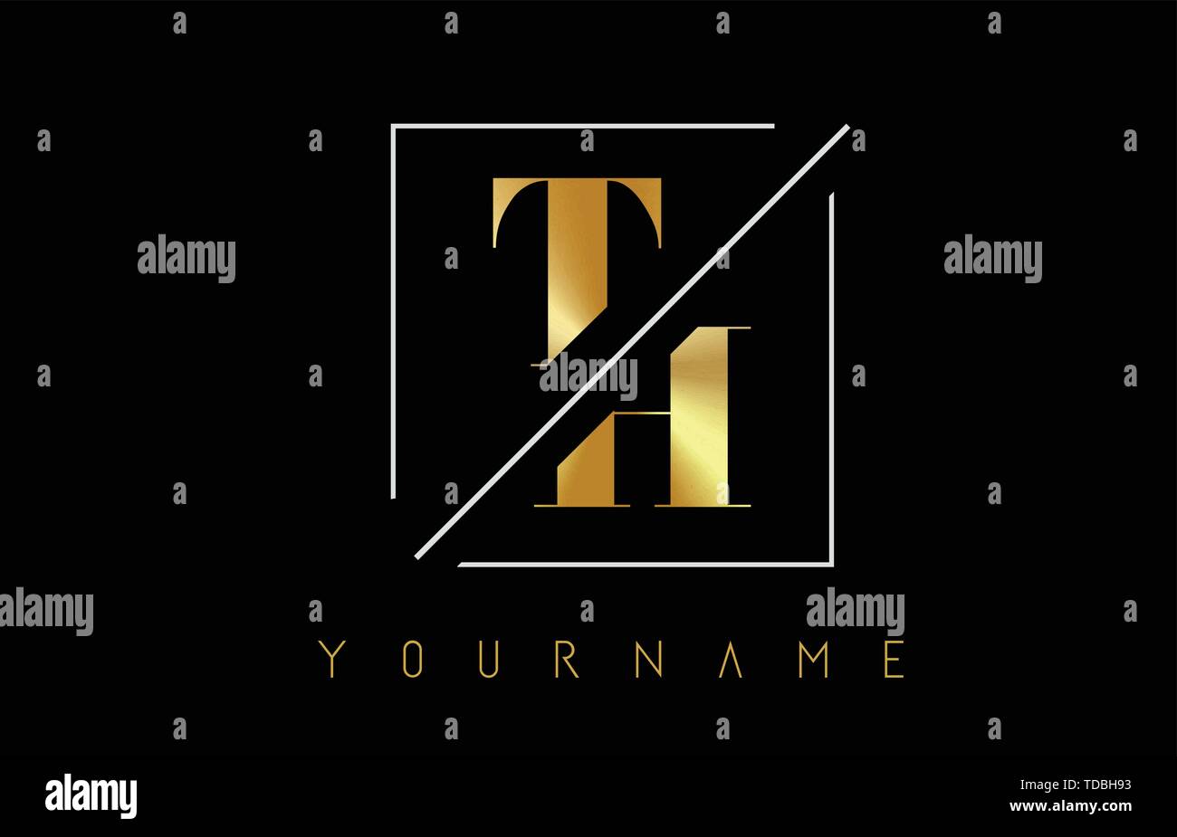 TH Golden Letter Logo with Cutted and Intersected Design and Square ...