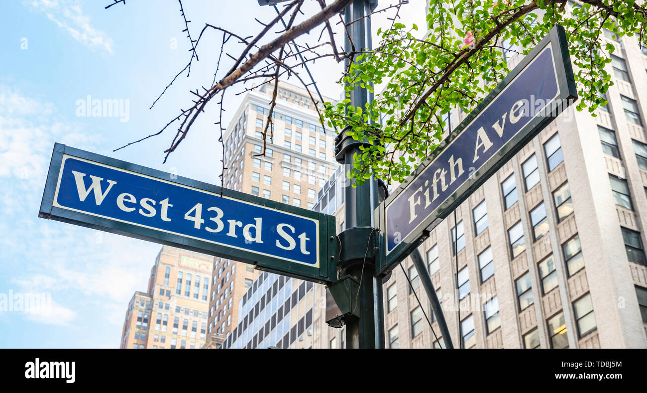 Fifth ave and West 43rd crossroads street signs, Manhattan New York ...