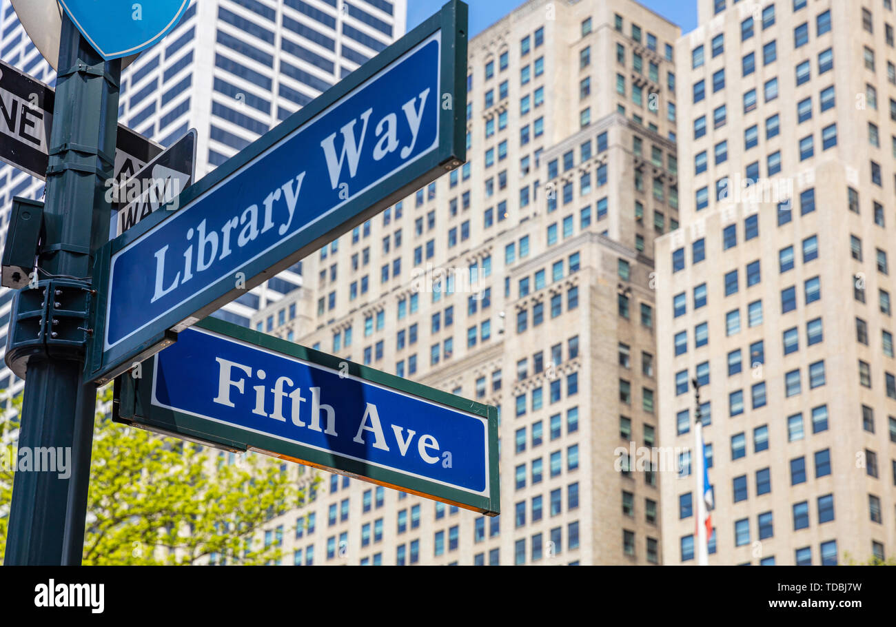 Fifth ave and Library Way crossroads street signs, Manhattan New York ...