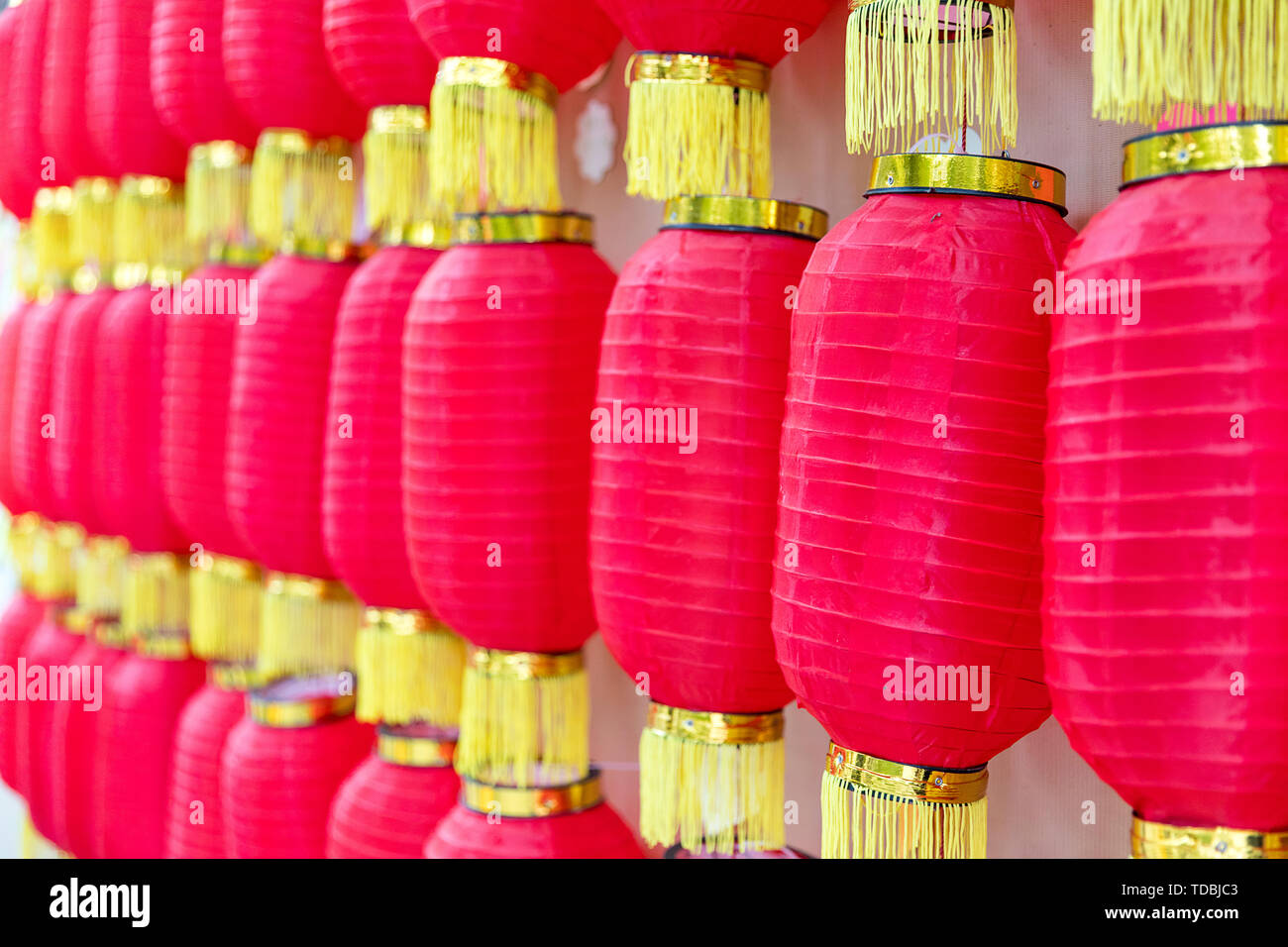 Big red lantern hanging high in Chinese New Year Stock Photo - Alamy