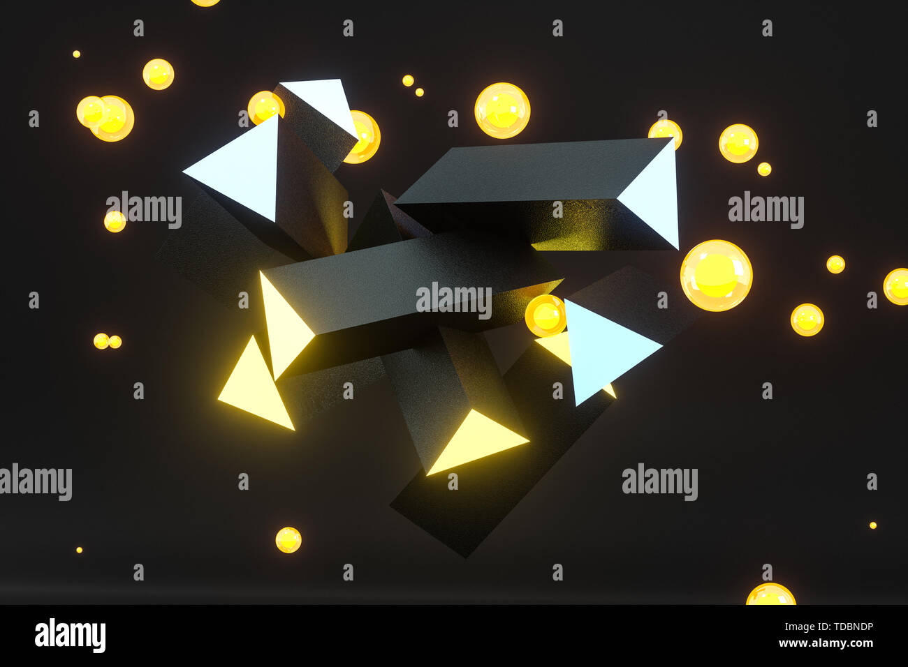 Three-dimensional rendering, glowing triangular columns against dark ...