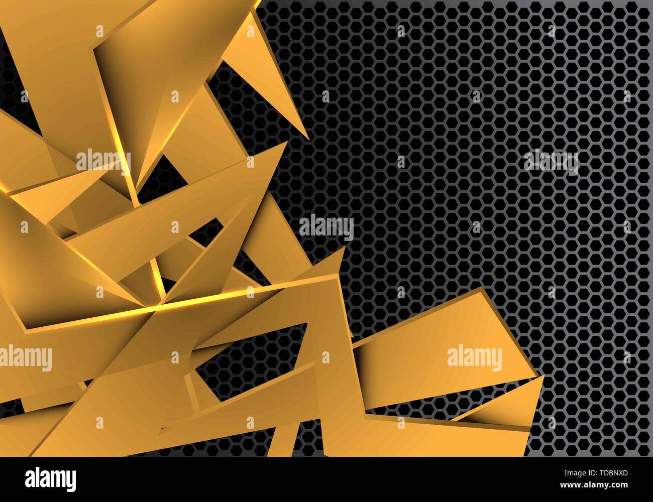 Abstract gold polygon overlap on grey metallic hexagon mesh pattern ...