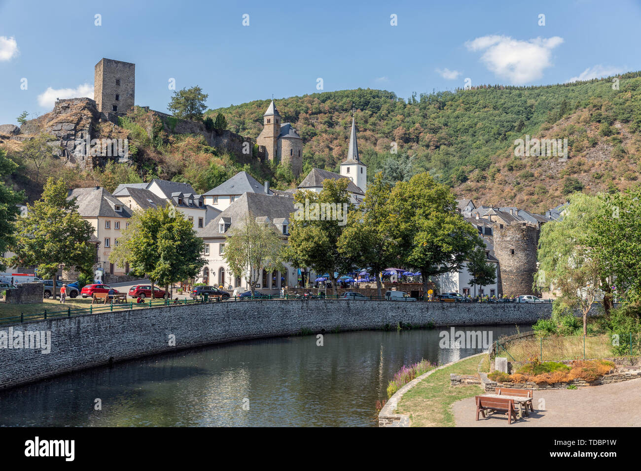 Cityscape at medieval Esch-sur-Sure with river and castle ruin ...