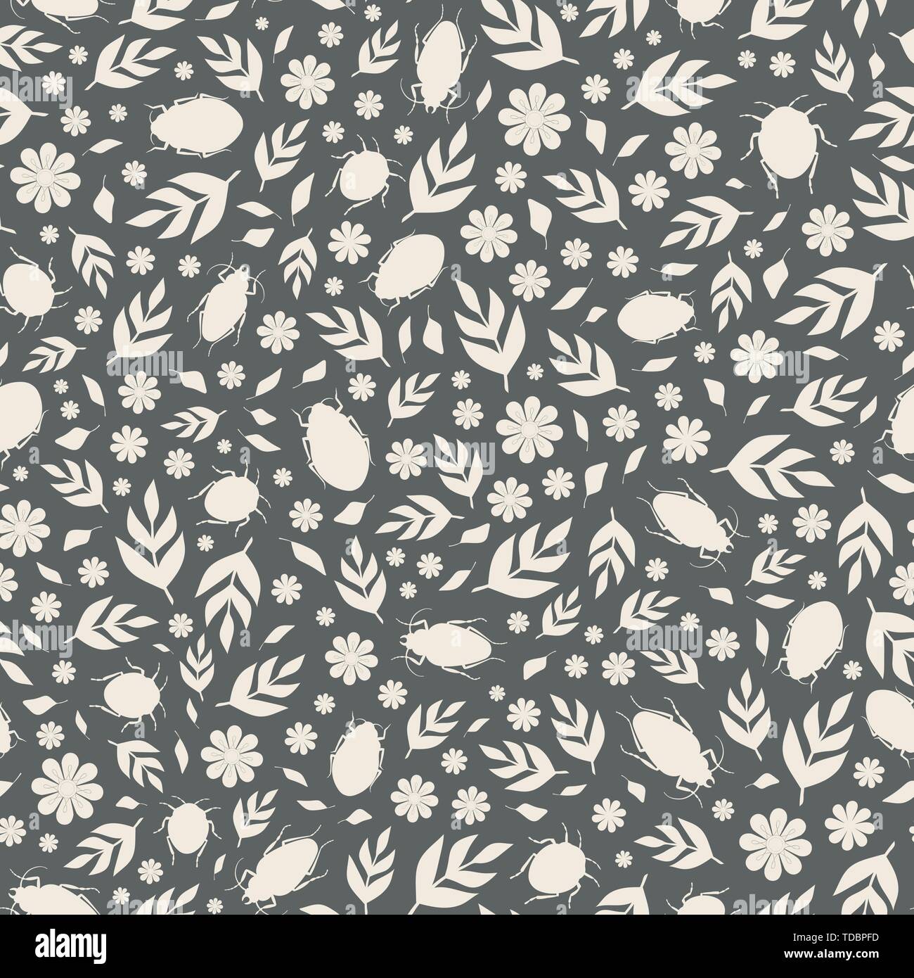 Seamless repeat pattern background of white silhouette beetles, leaves ...