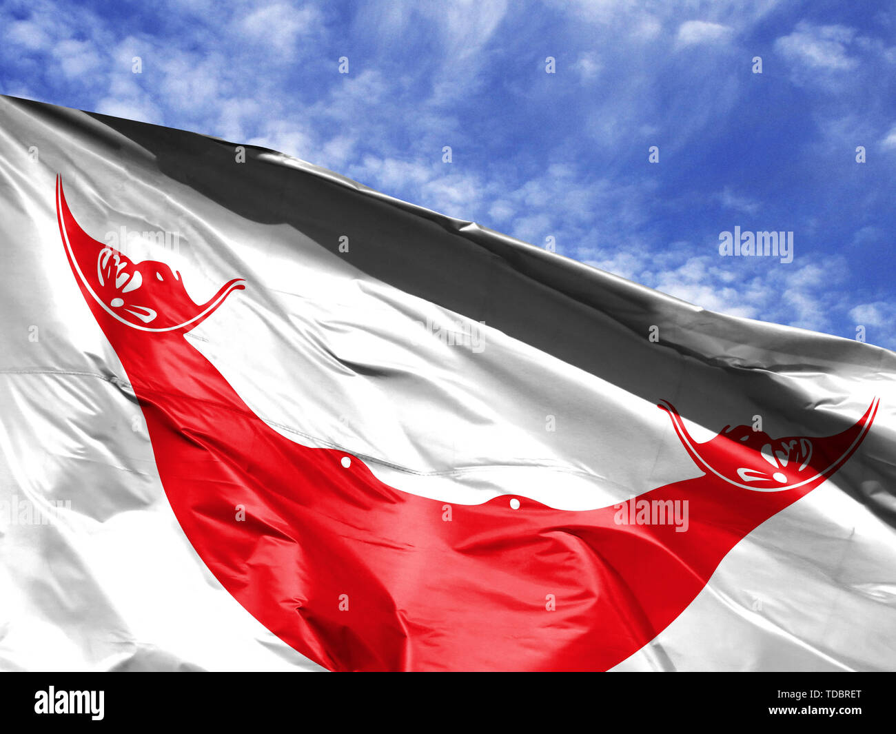 waving flag of Easter Island Rapa Nui close up against blue sky Stock ...