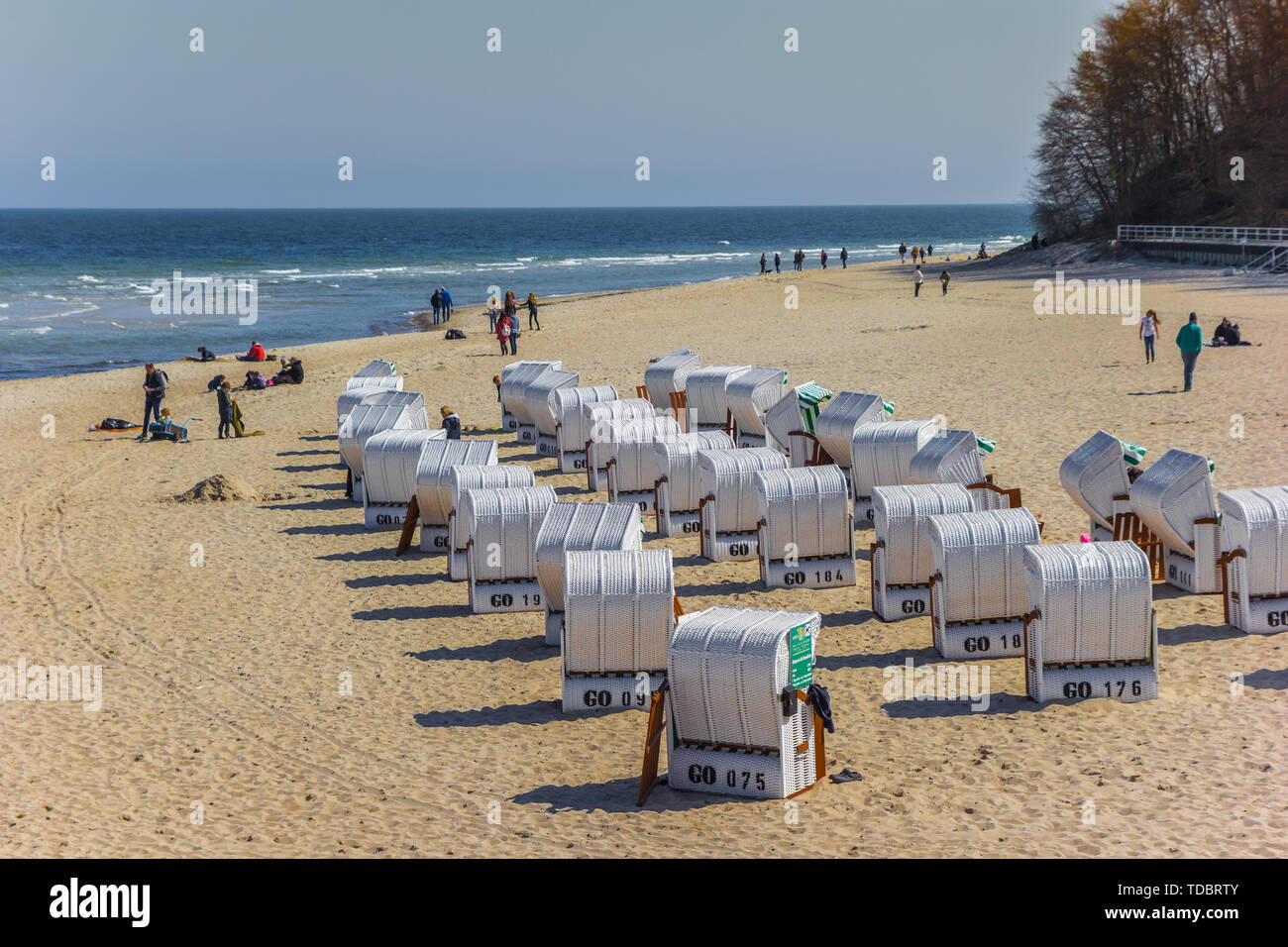 Traditional Strandkorbe chairs on the beach of Sellin on Rugen island ...