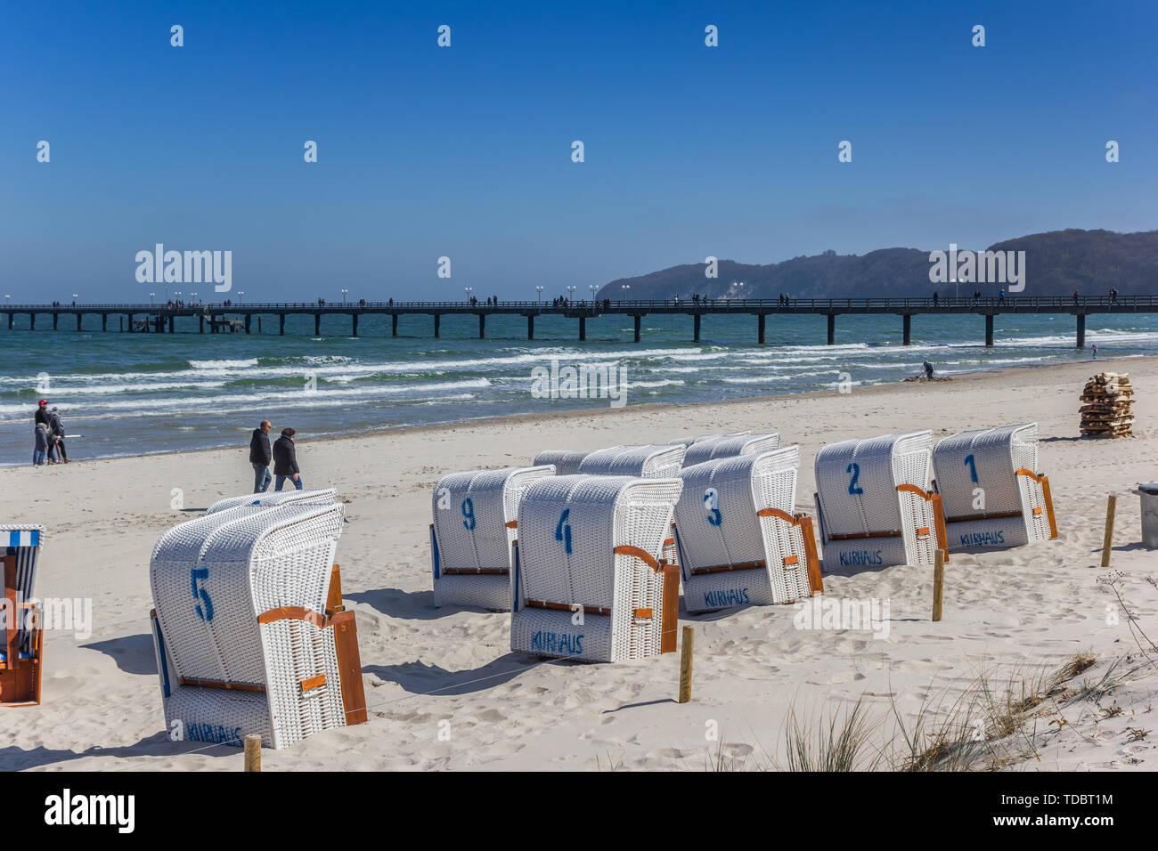 Beach chairs and sea bridge in Binz on Rugen island, Germany Stock ...
