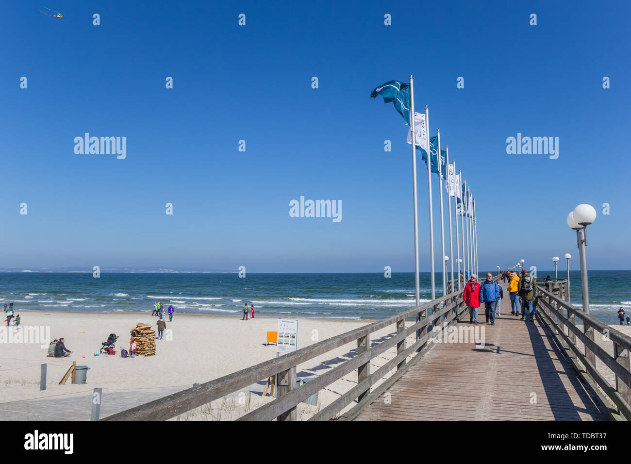 People walking the Seebrucke sea bridge in Binz on Rugen island ...