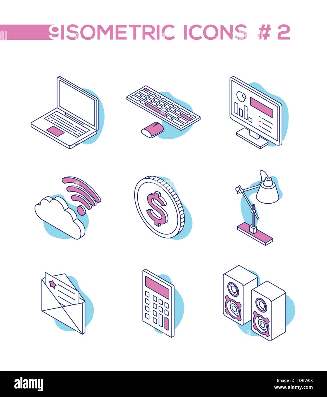 Technology and office work - line design style isometric icons Stock ...