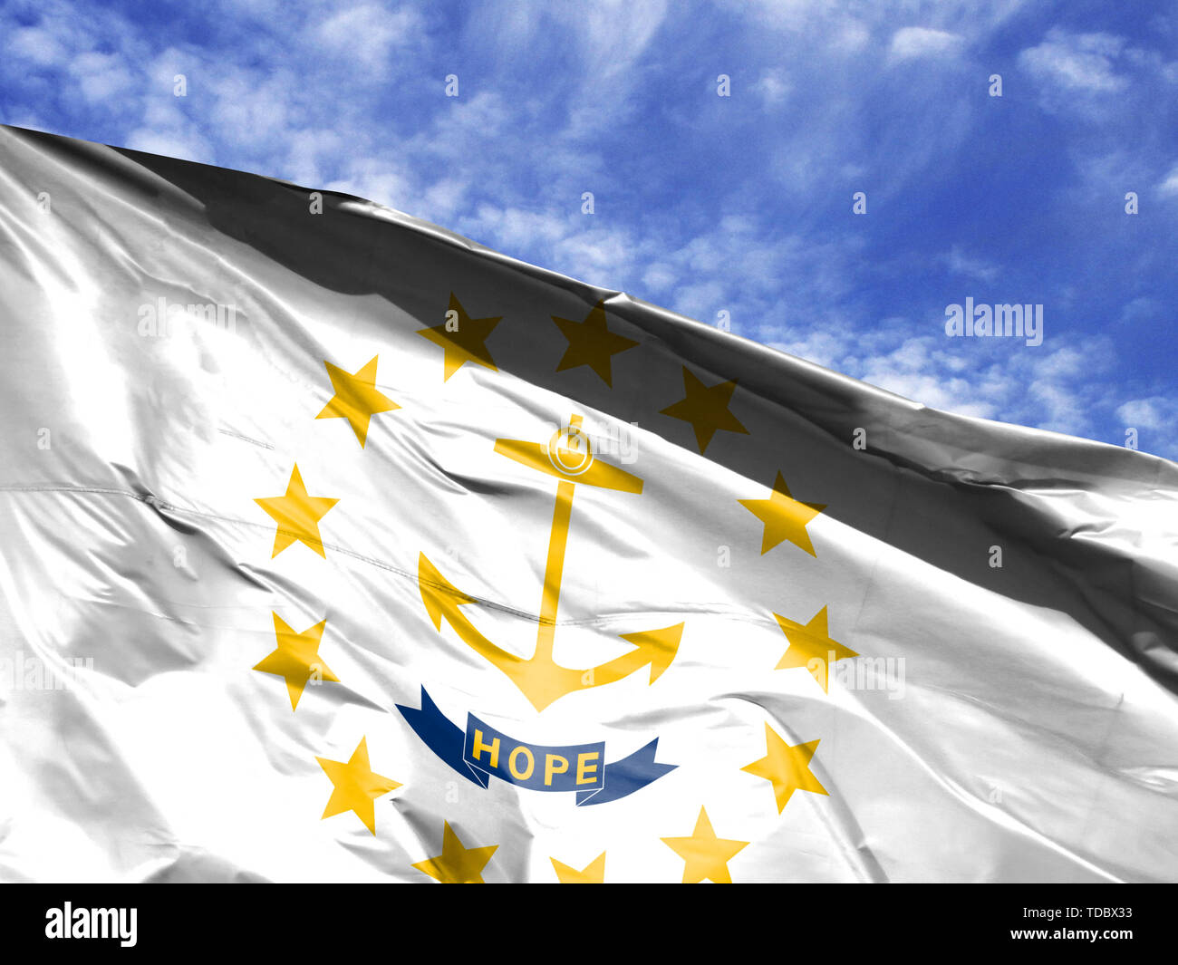 waving flag State of Rhode Island and Providence Plantations close up ...