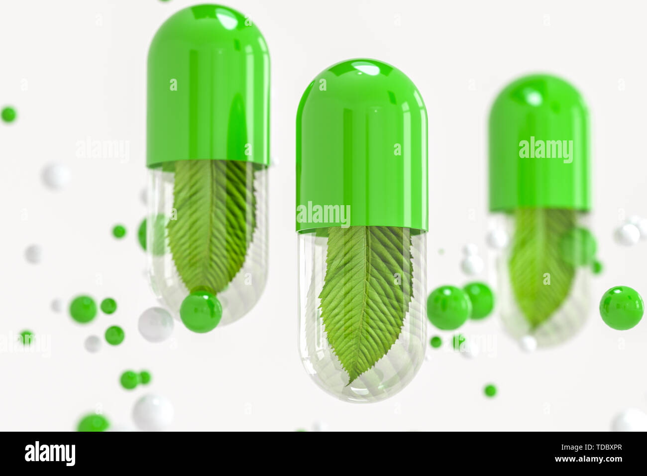 Three dimensional rendering, green capsule with pure white background ...