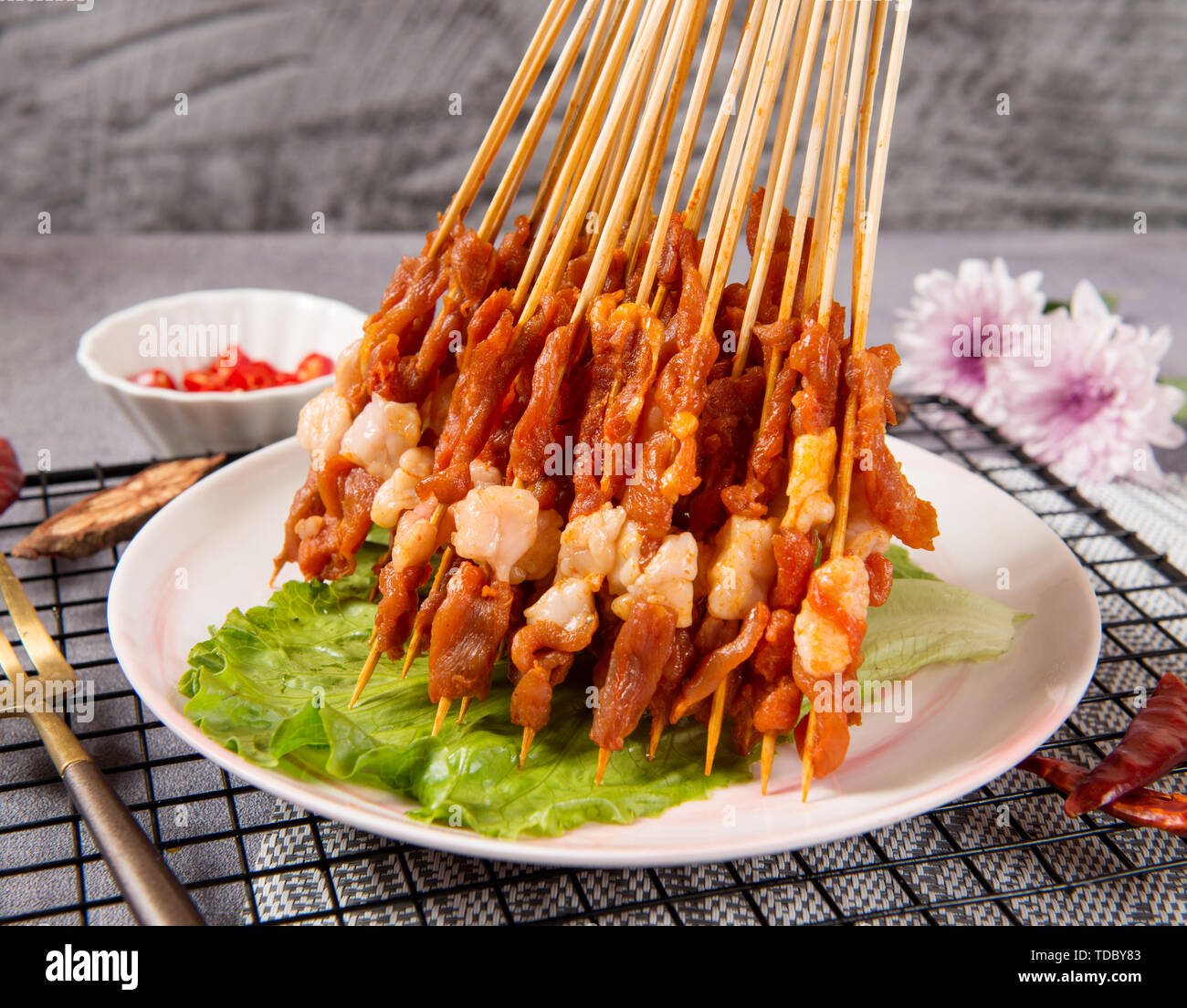 Iron plate barbecue lamb kebab, duck gizzard, lamb, pork beef Stock ...