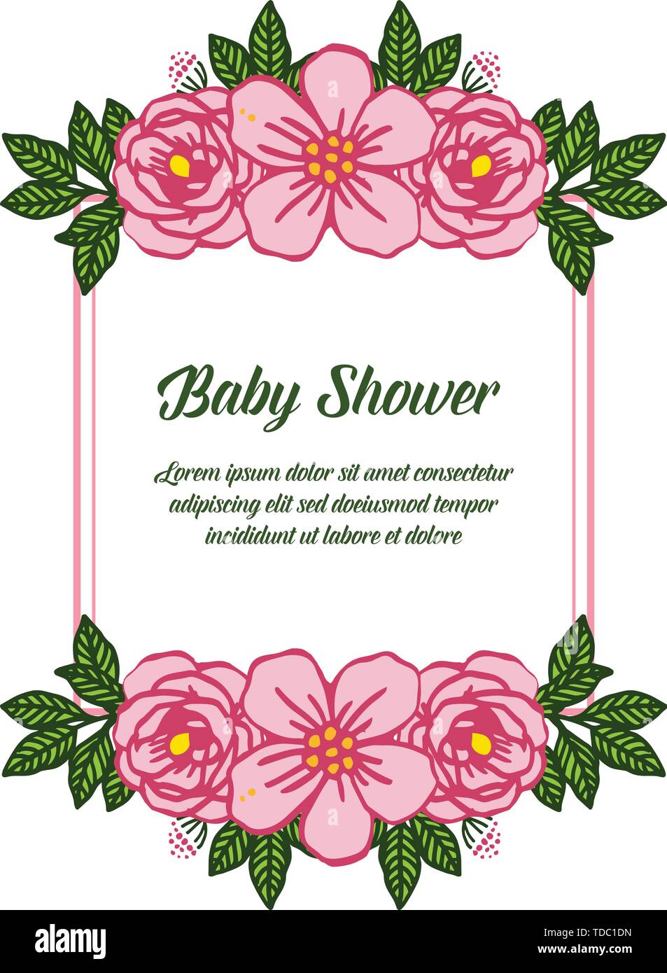 Vector illustration decor of card baby shower with pink rose flower ...