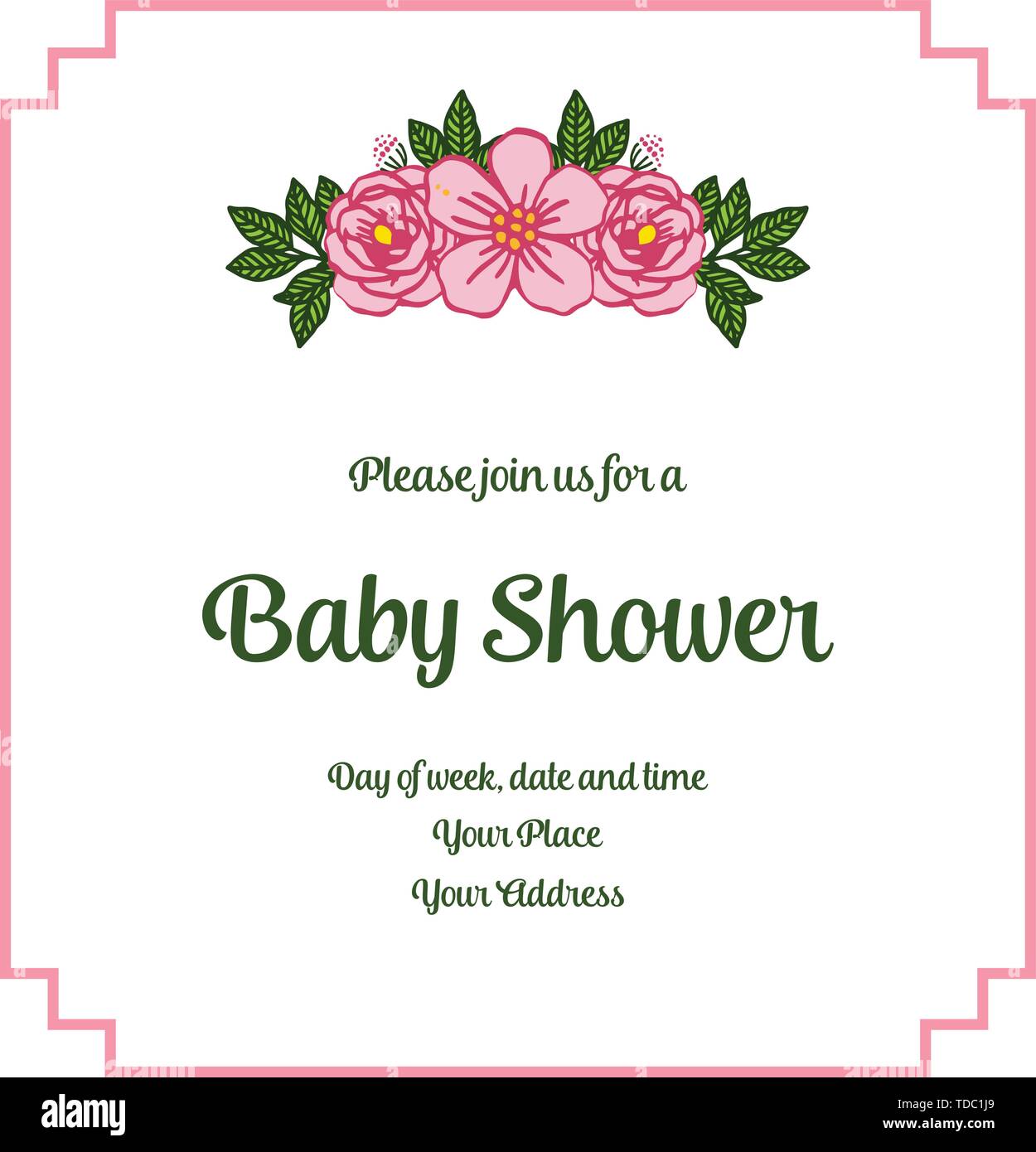 Vector illustration decor of card baby shower with pink rose flower ...