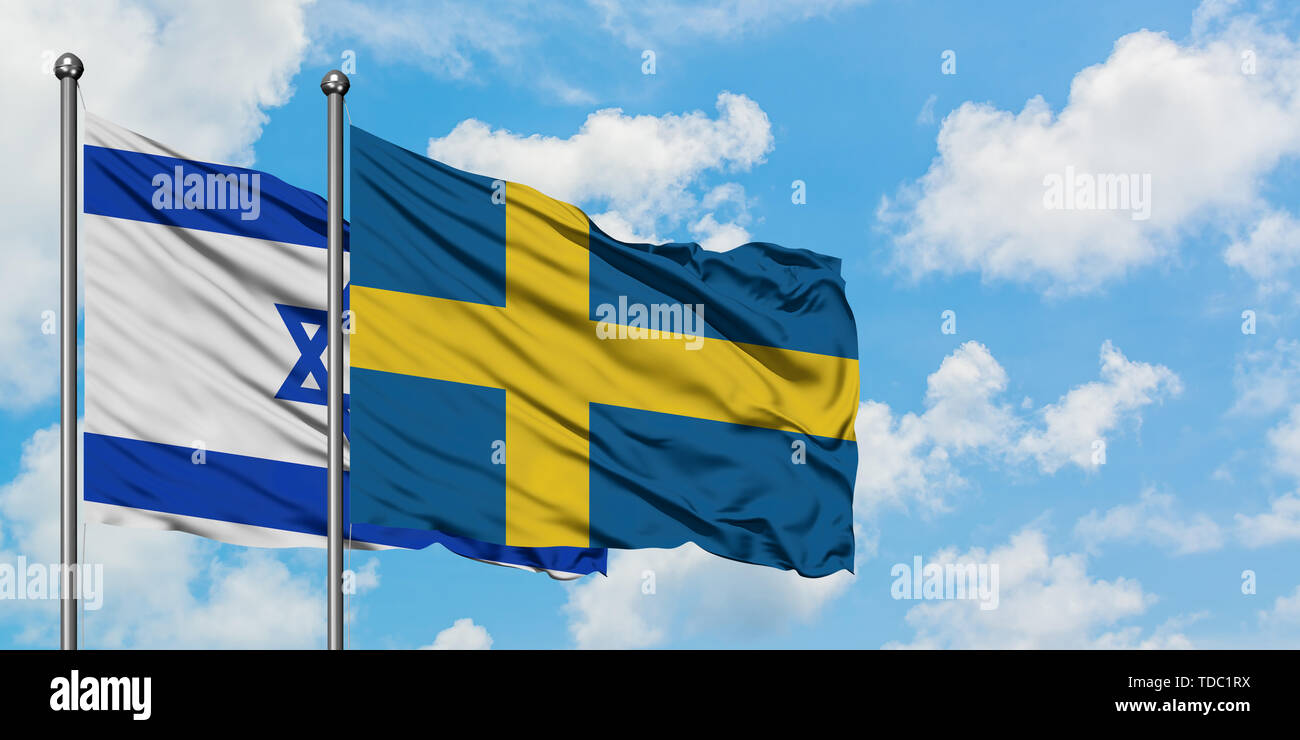 Israel and Sweden flag waving in the wind against white cloudy blue sky ...