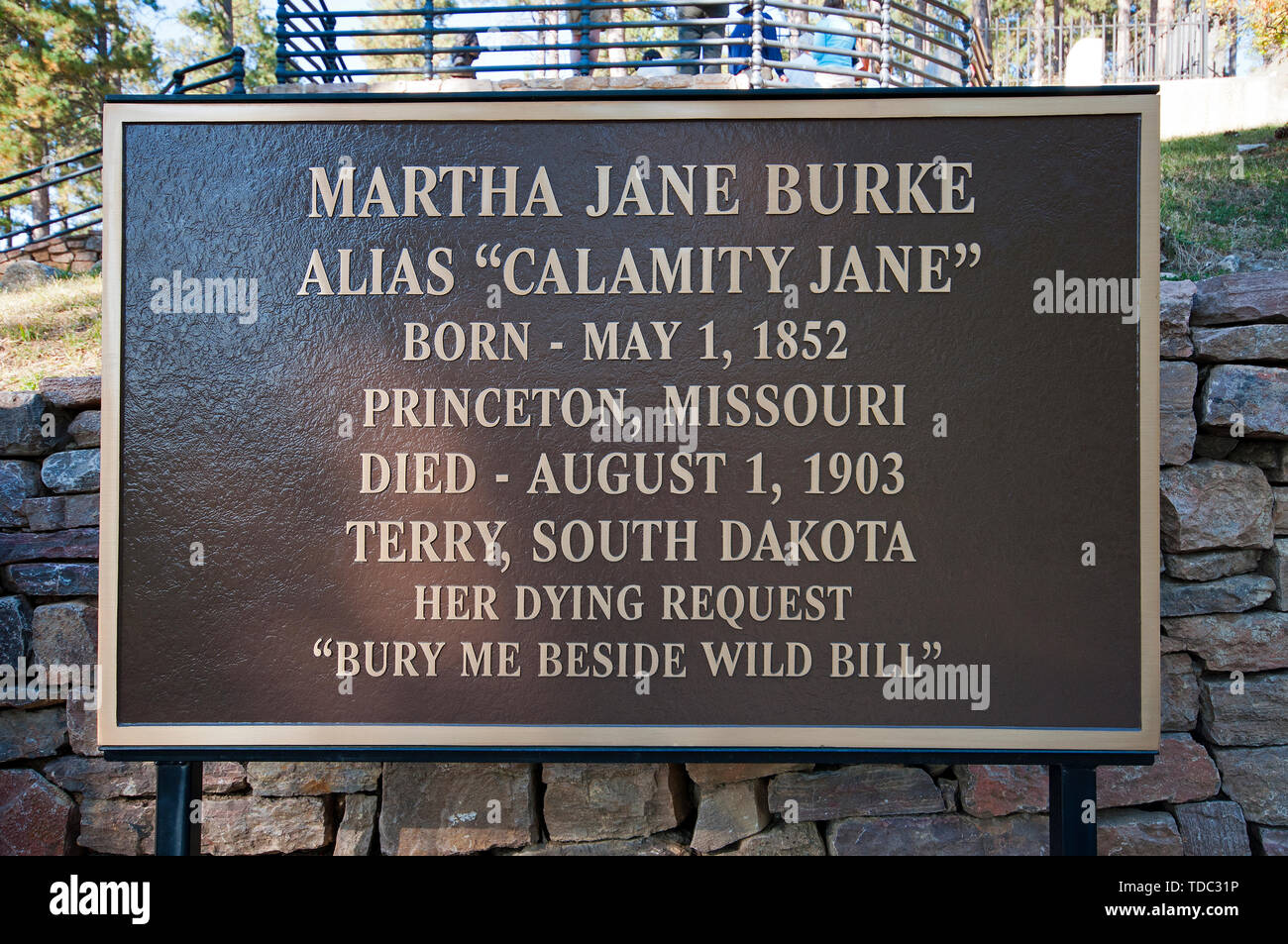 Sign on the tomb of Martha Jane Burke (alias Calamity Jane, 1852-1903) in Mount Moriah Cemetery ...