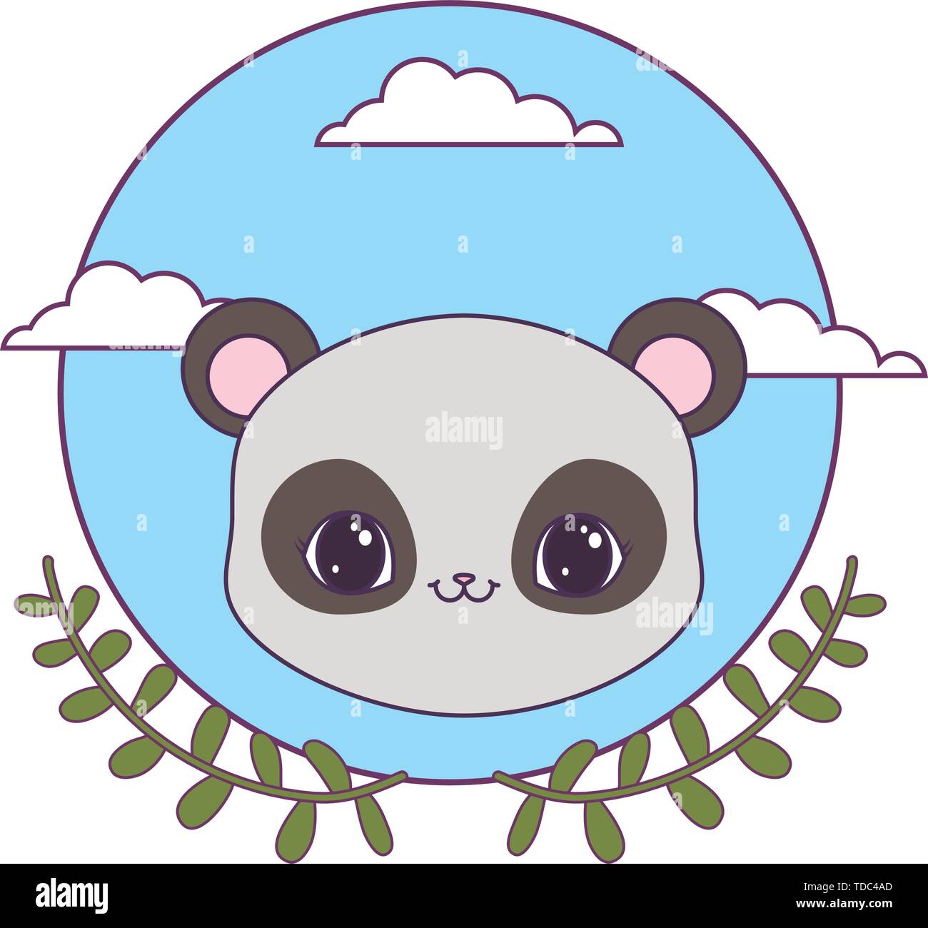 head of panda bear in frame circular with crown of leafs vector ...