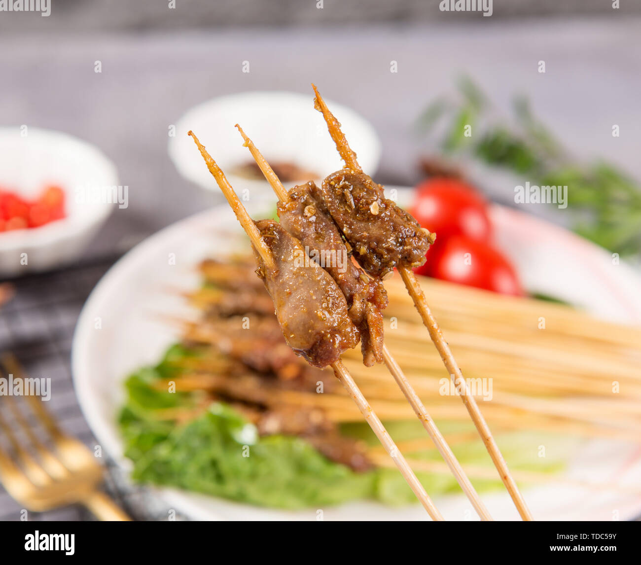 Iron plate barbecue lamb kebab, duck gizzard, lamb, pork beef Stock ...