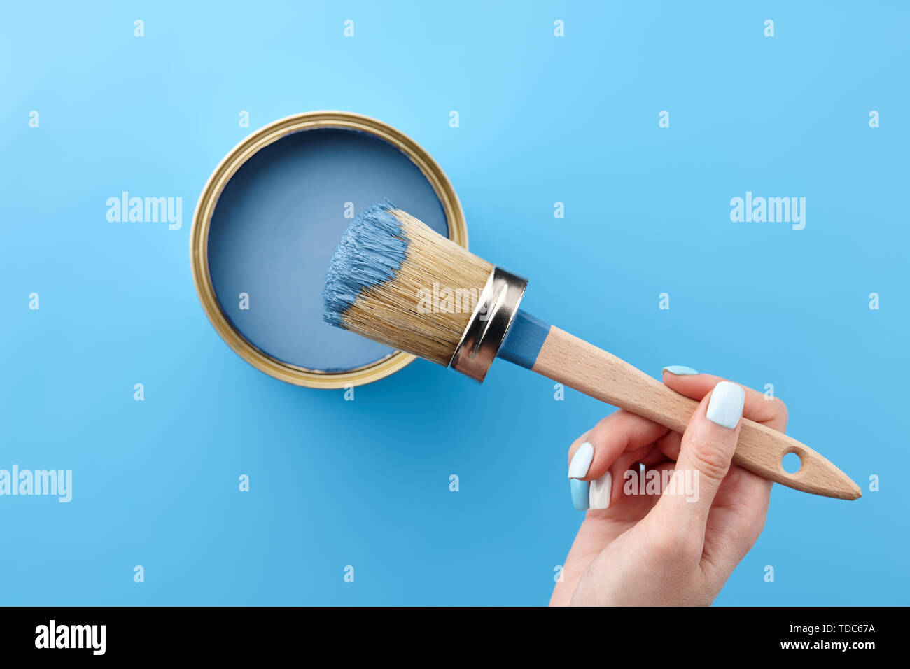 Female hand dipping brush tool in can of blue paint on blue background ...