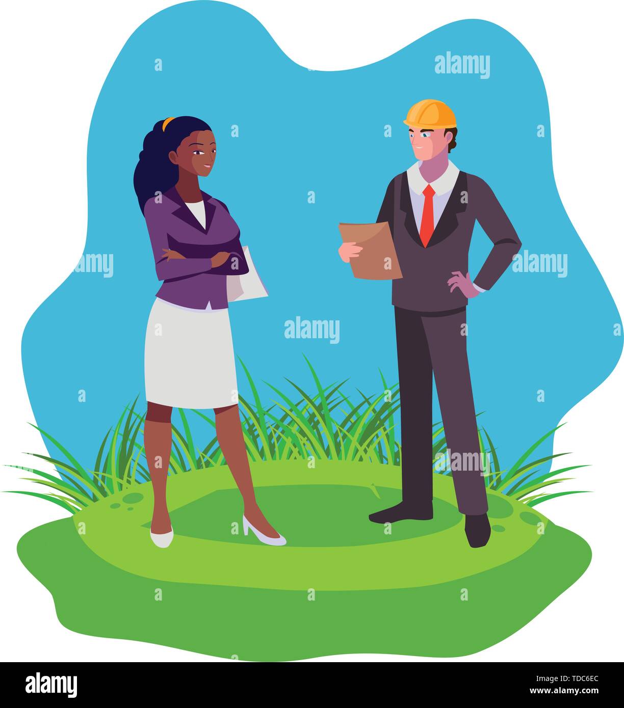 interracial couple of engineers builders on the lawn vector ...