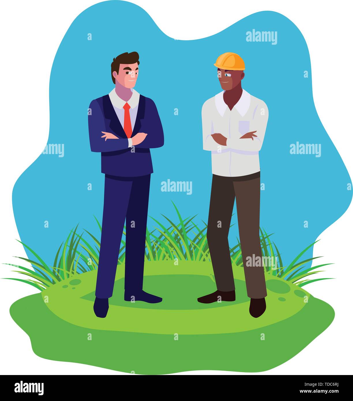 afro male builder with engineer on the lawn vector illustration design ...