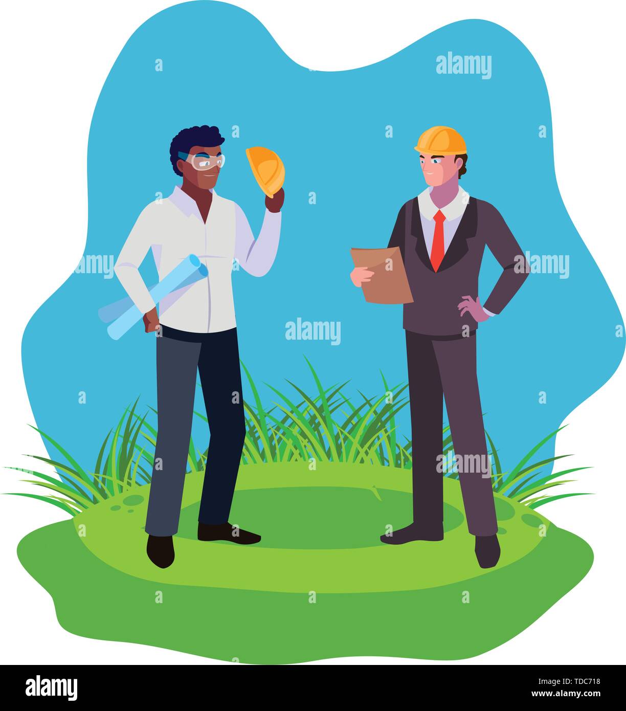afro male builder with engineer on the lawn vector illustration design ...