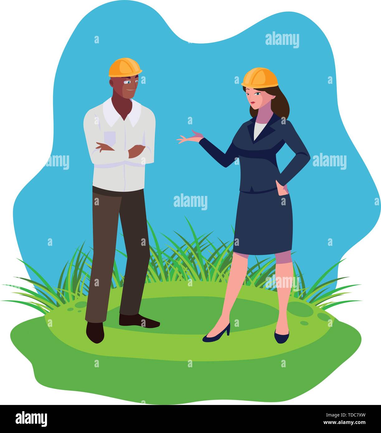 afro male builder with female engineer characters vector illustration ...