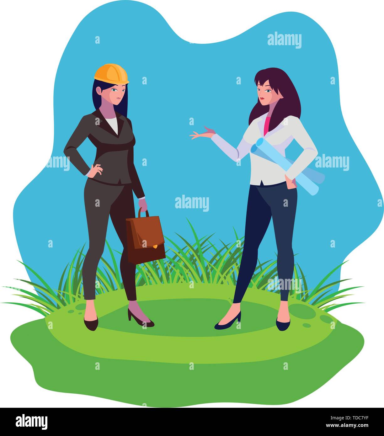 female engineers workers characters on the lawn vector illustration ...