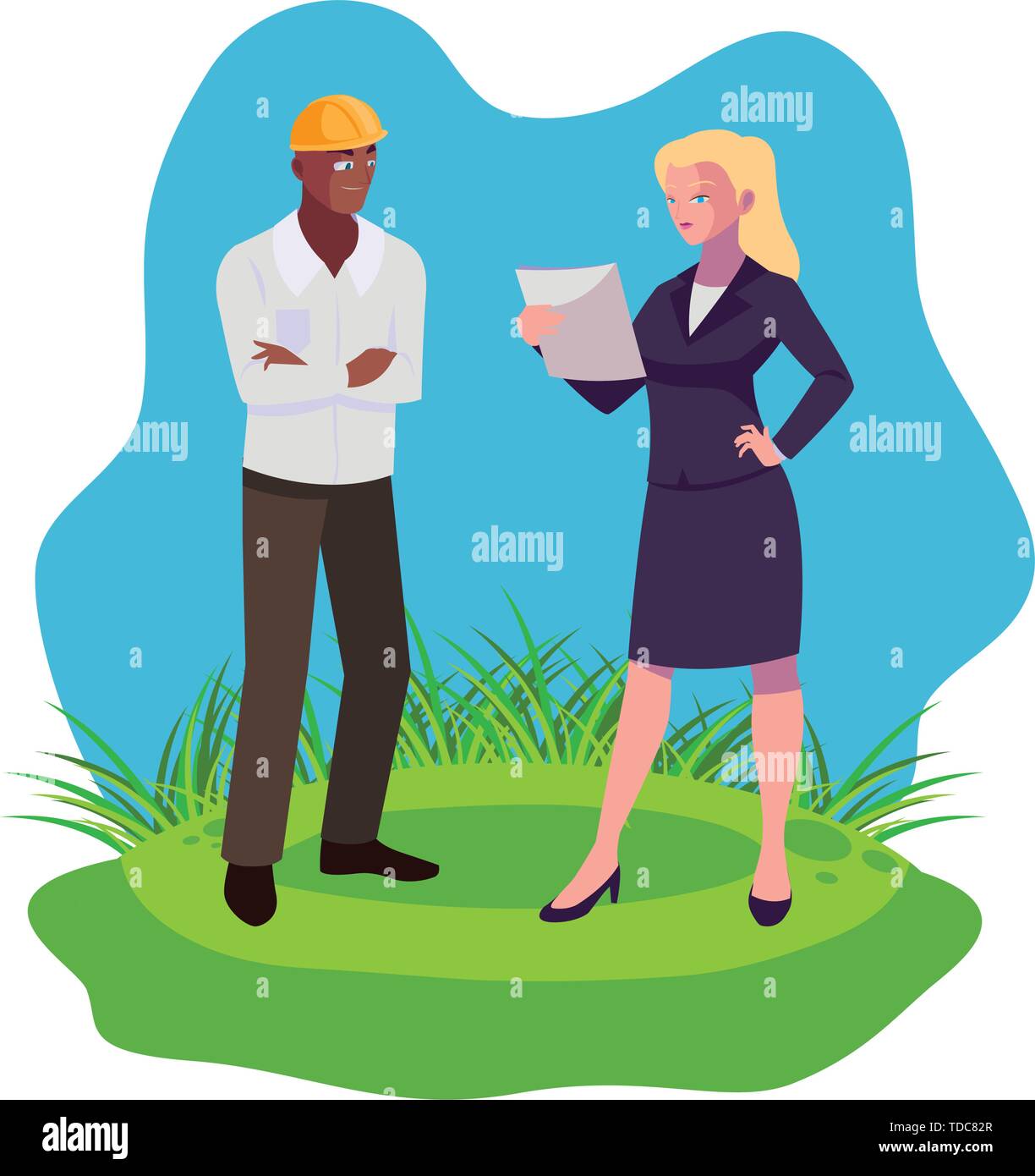 afro male builder with female engineer characters vector illustration ...