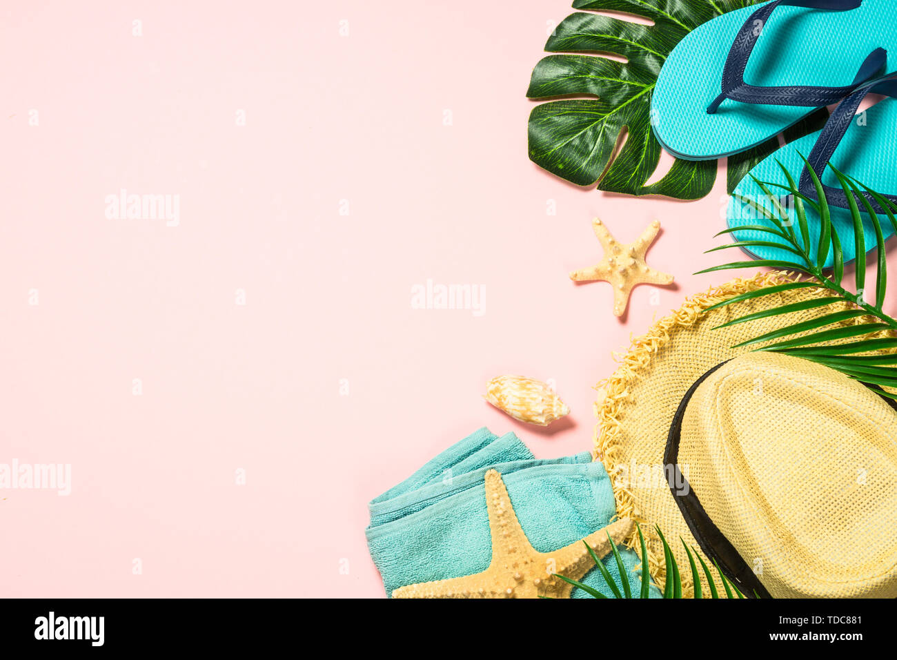 Summer flat lay background. on pink Stock Photo - Alamy