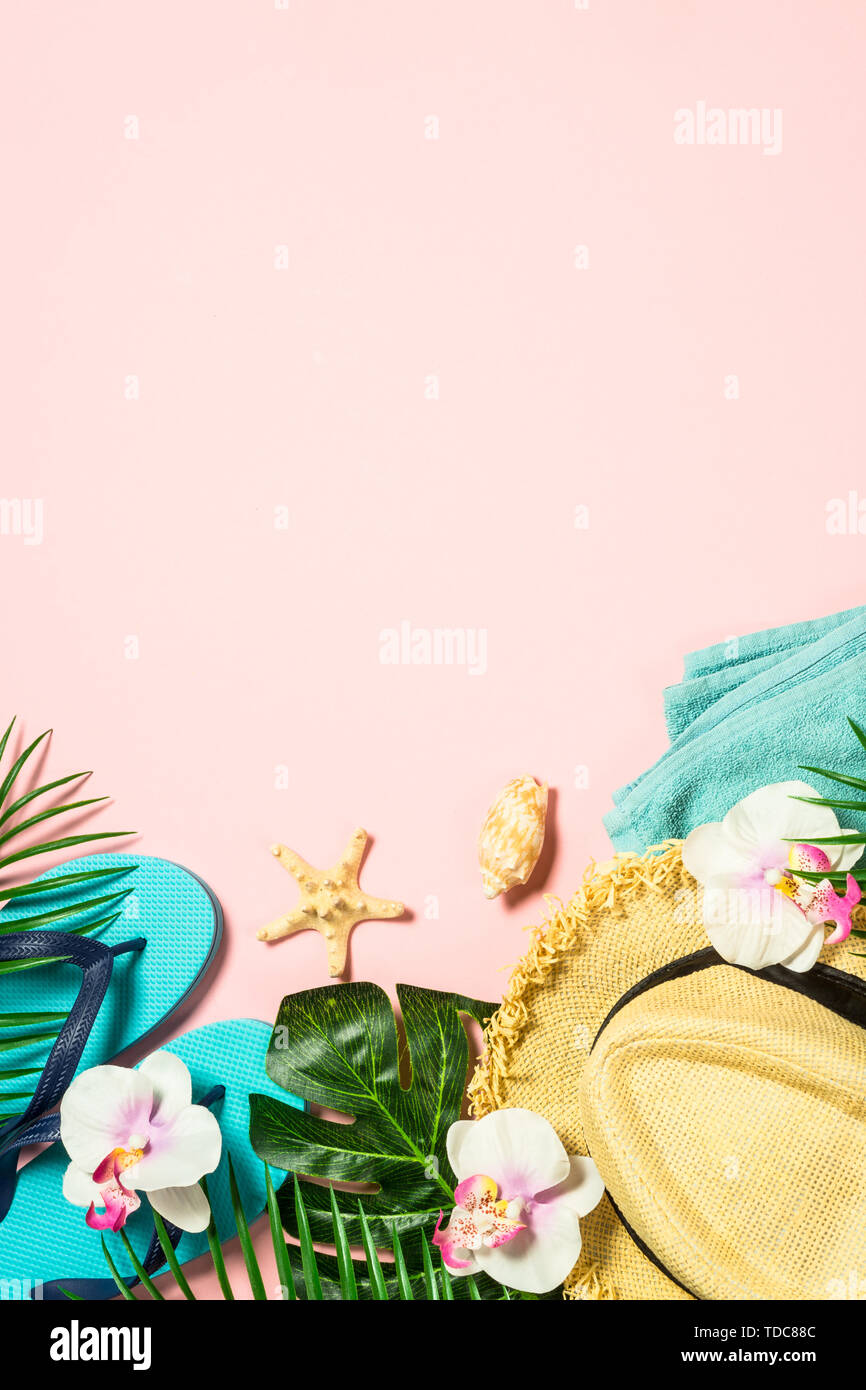 Summer flat lay background. on pink Stock Photo - Alamy