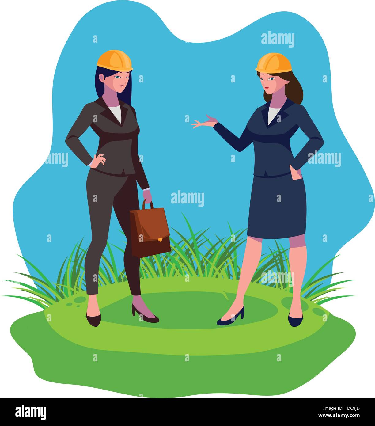 female engineers workers characters on the lawn vector illustration ...
