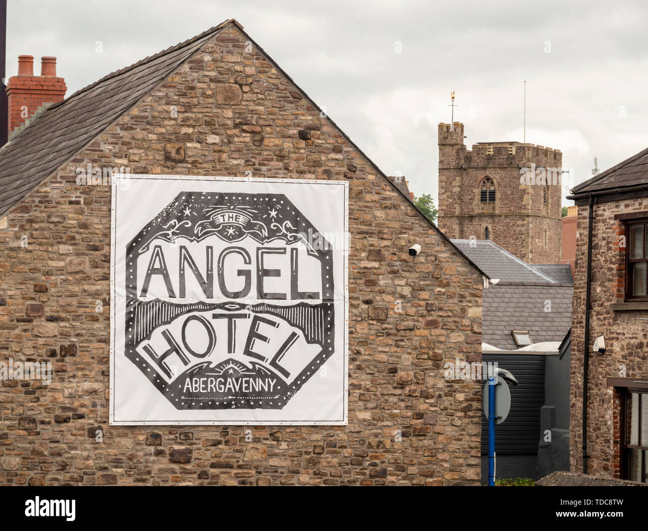 A sign for the Angel Hotel Abergavenny Wales UK Stock Photo - Alamy