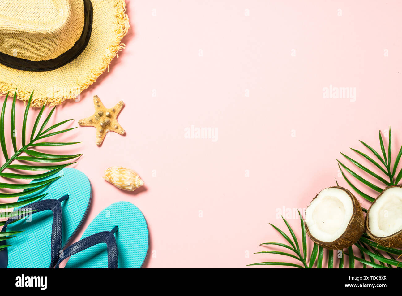 Summer flat lay background. on pink Stock Photo - Alamy