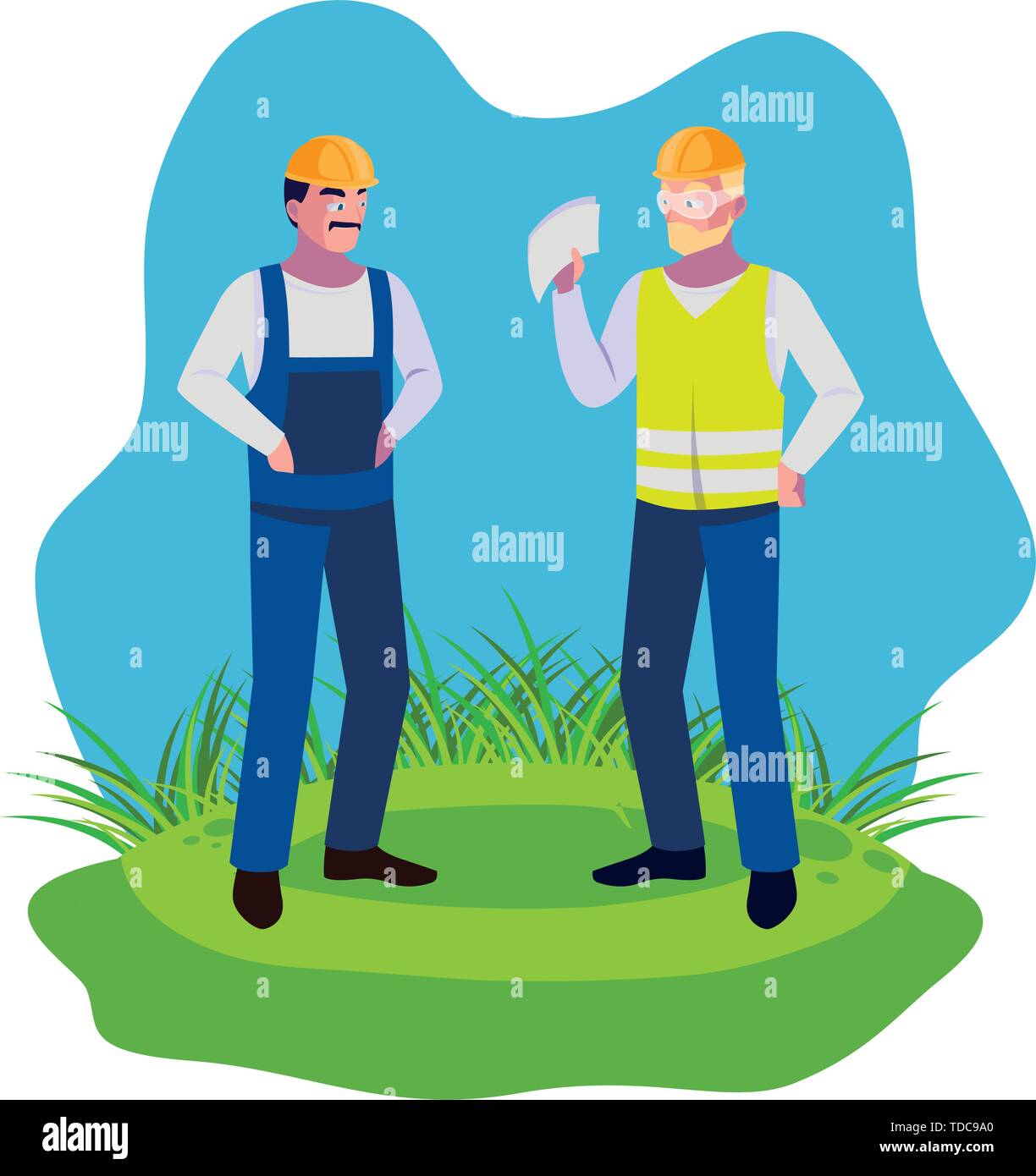 male builders constructors workers on the lawn vector illustration ...