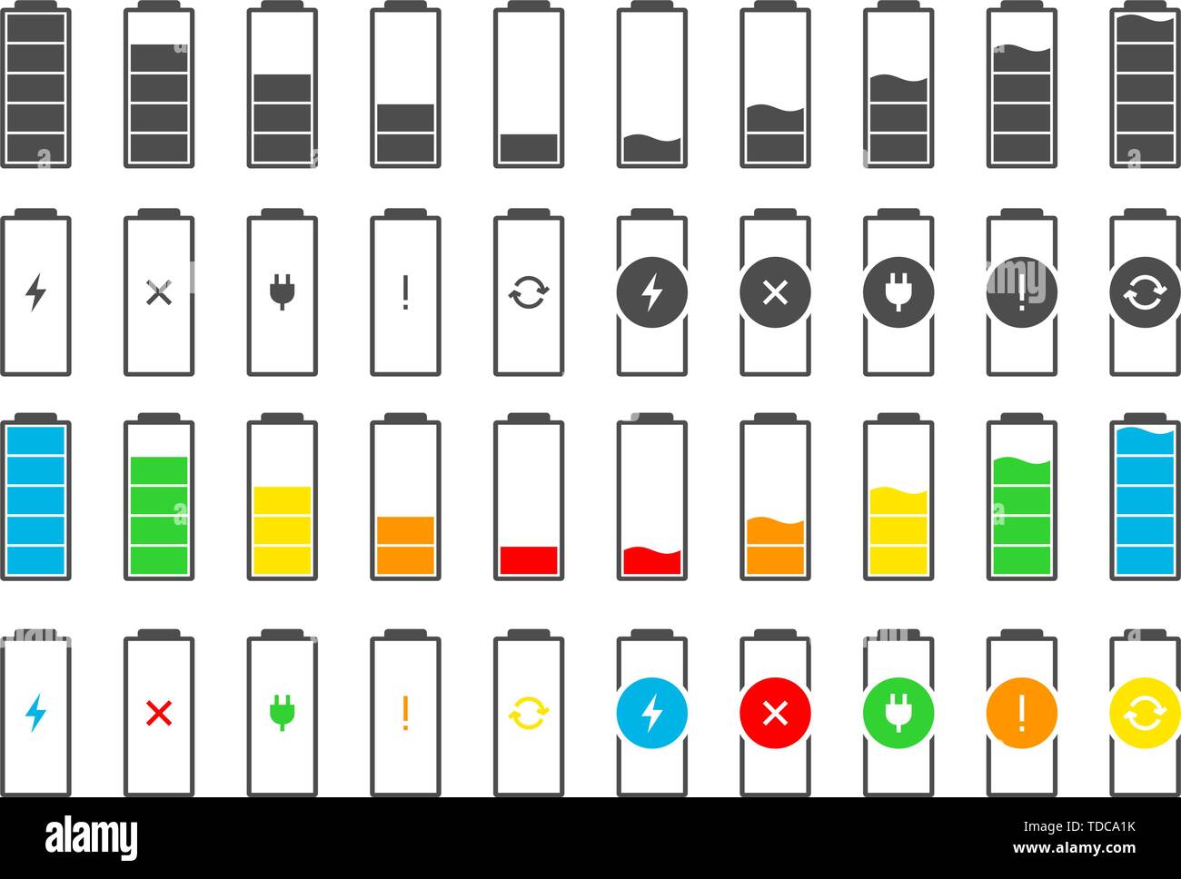 Battery charge indicator colorful icon set. Charging level full power ...