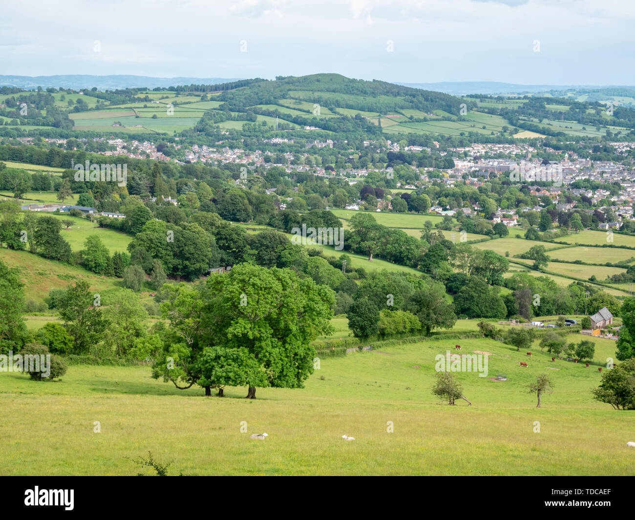 A view of the market town of Abergavenny from the surrounding hills in ...
