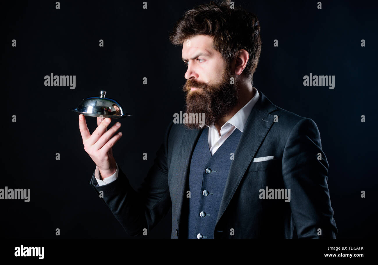 Man well groomed bearded gentleman formal suit hold little cloche ...