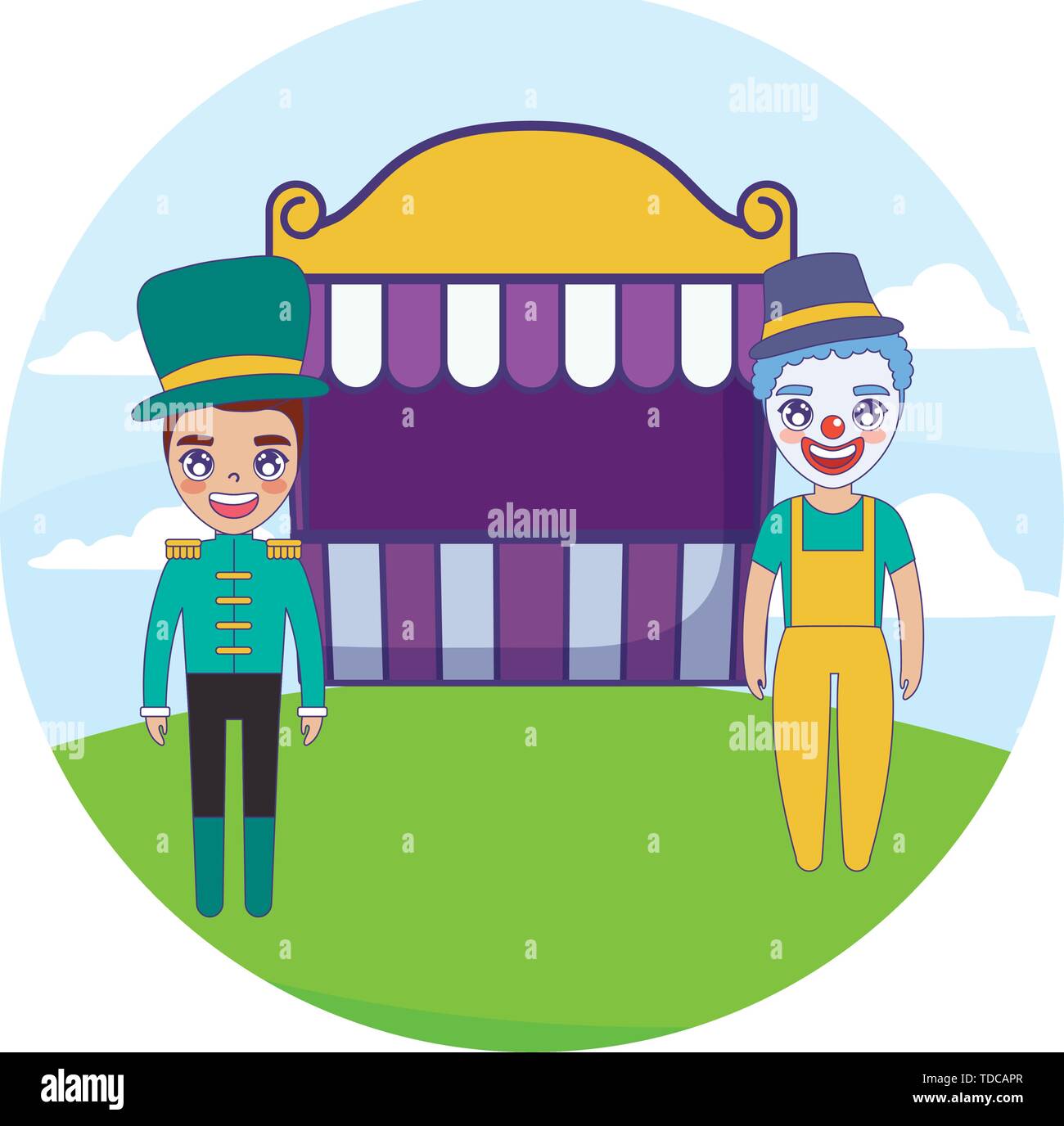 circus presenter male with clown and tent circus vector illustration ...