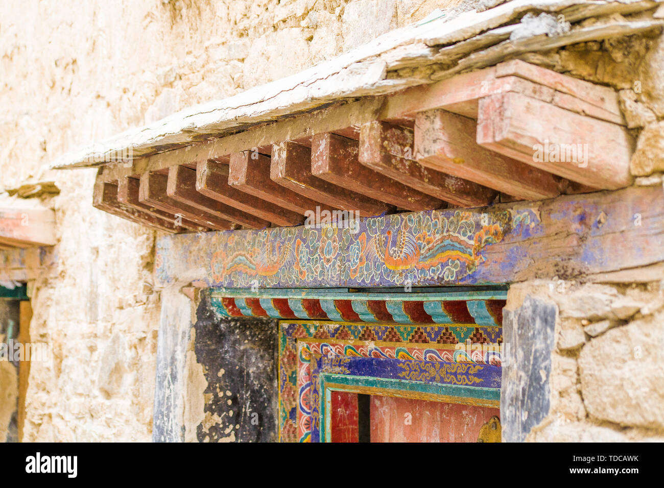 Close-up of door frames of Tibetan buildings on Baghor Street, Lhasa ...